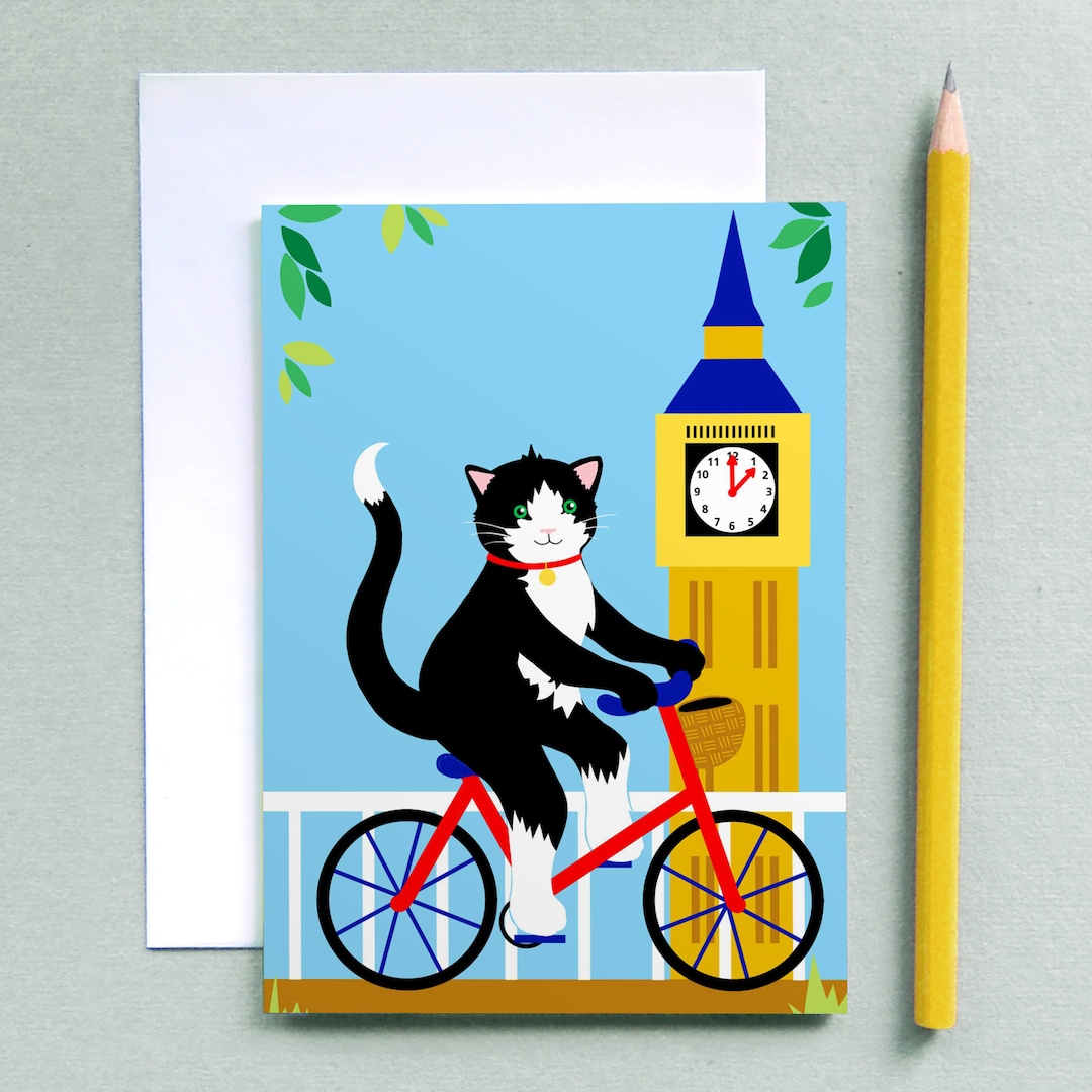 Cat on Bike Card - Cat Greeting Card - London Cat Greeting Card - Big ...