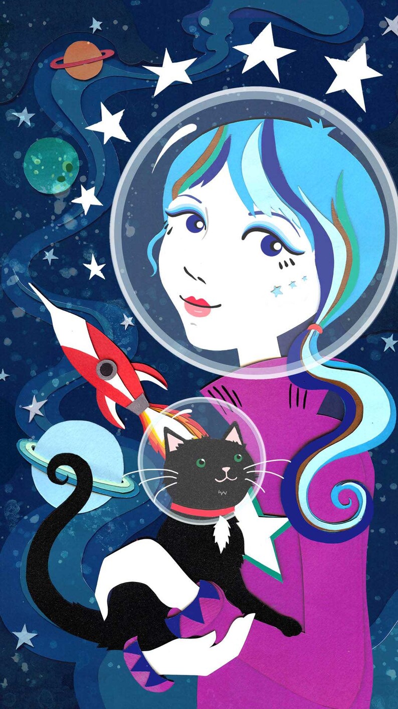 Space Cat Card Space Kitty Card Card for Her Retro - Etsy