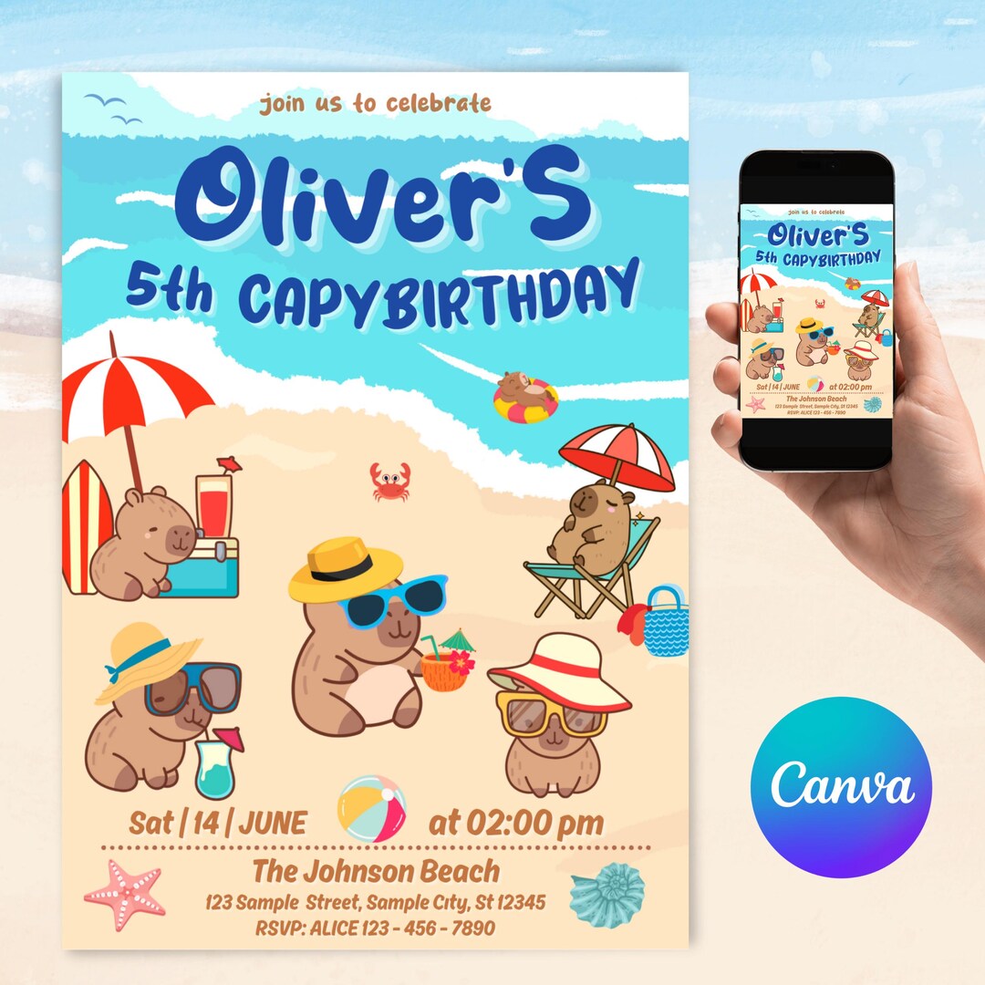 Personalised Capybara Canva Summer Birthday Party Invitation, Editable ...