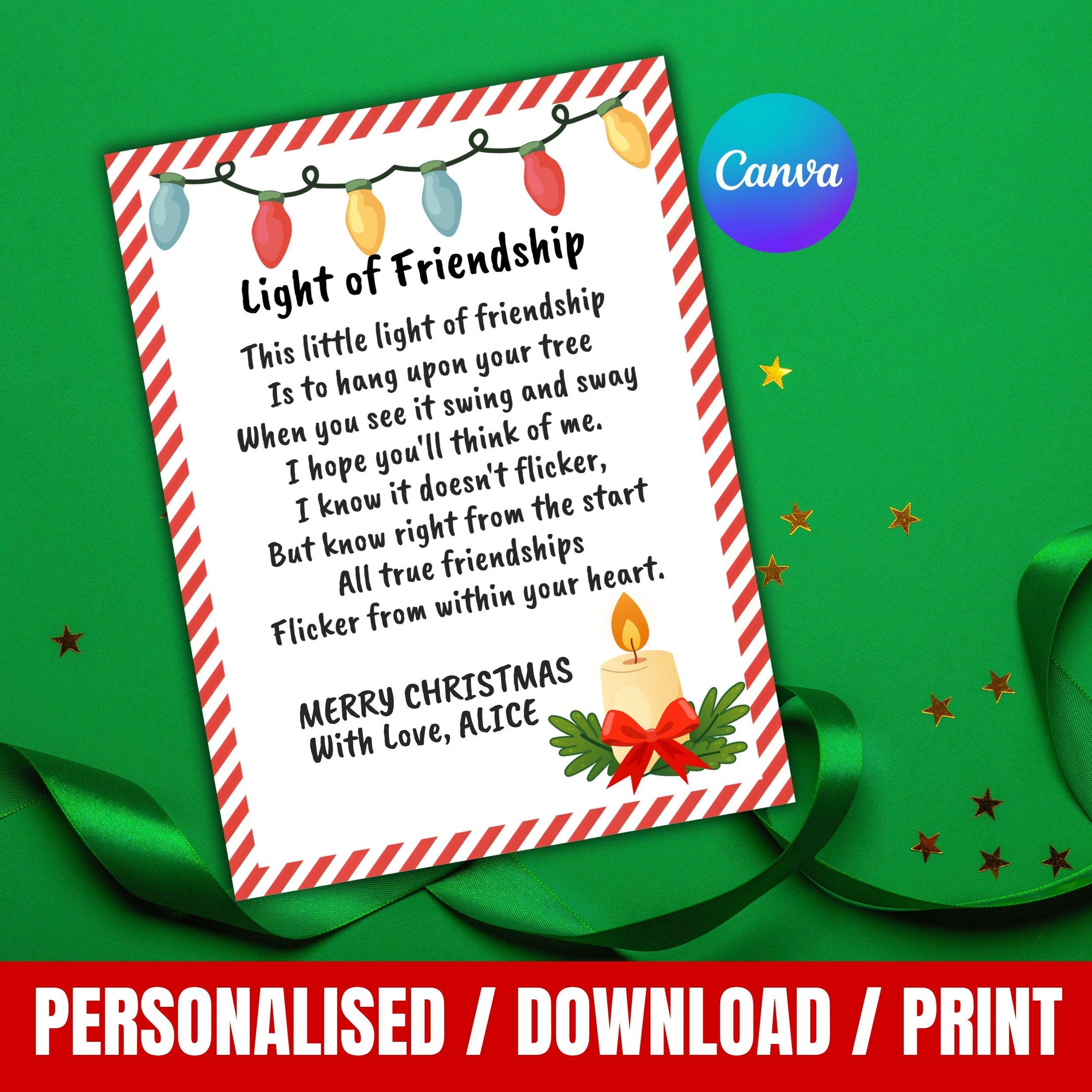 Editable Light of Friendship Christmas Poem Tag | Printable Ornament ...