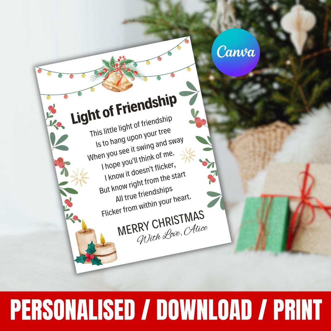Editable Light of Friendship Christmas Poem Tag | Printable Ornament ...