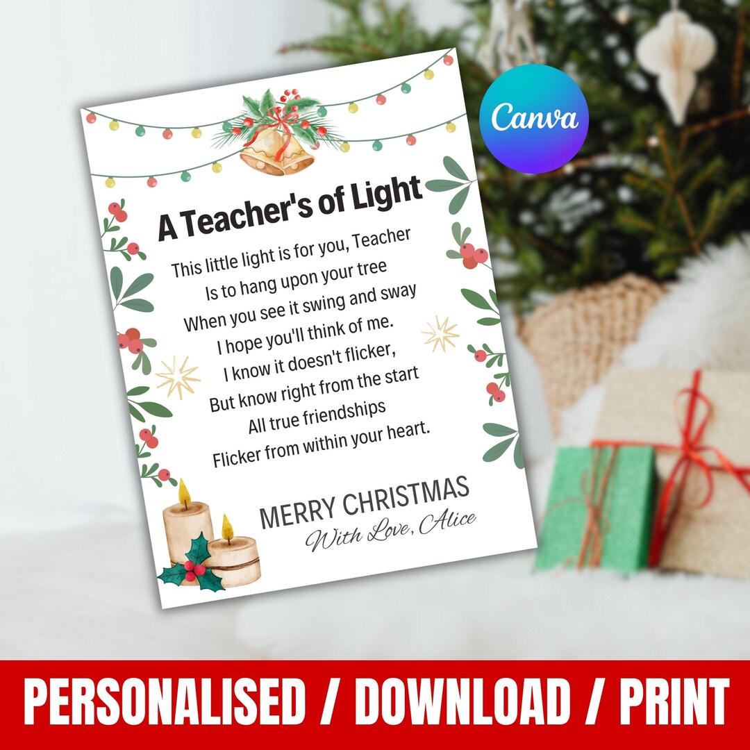 Editable Teacher “light” Christmas Ornament Poem Tag | Printable ...