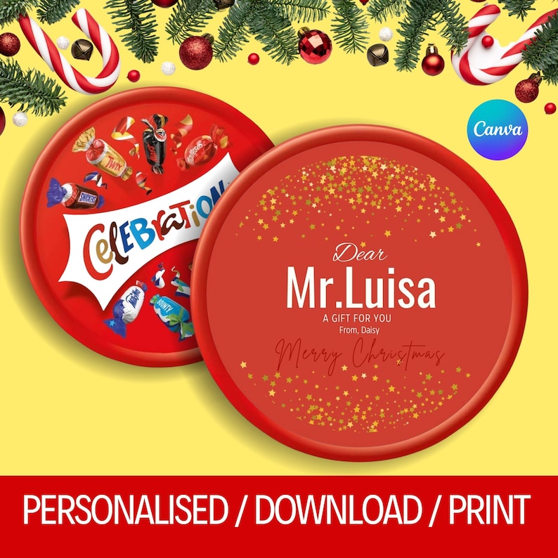 Personalised Christmas Celebration Chocolate Tub Label, Editable Xmas ...