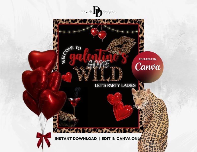 Galentine's Welcome Sign | Cheetah Print, Red & Black (canva Template ...
