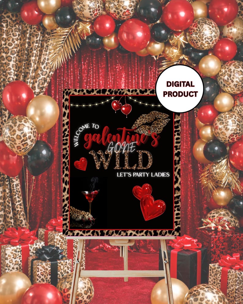 Galentine's Welcome Sign | Cheetah Print, Red & Black (canva Template ...