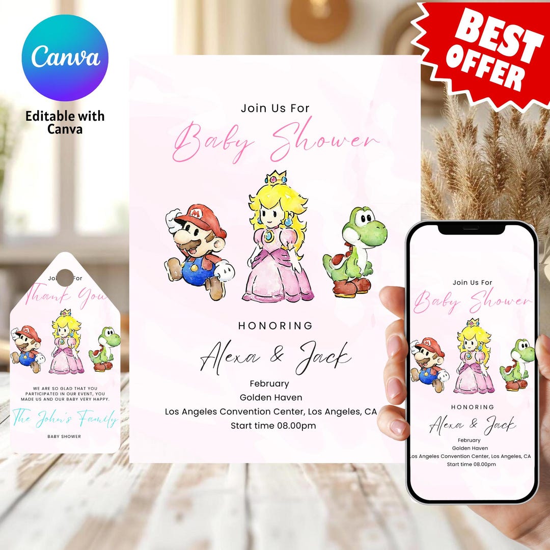 Editable Mario and Princess Peach Baby Shower Invitation Template ...