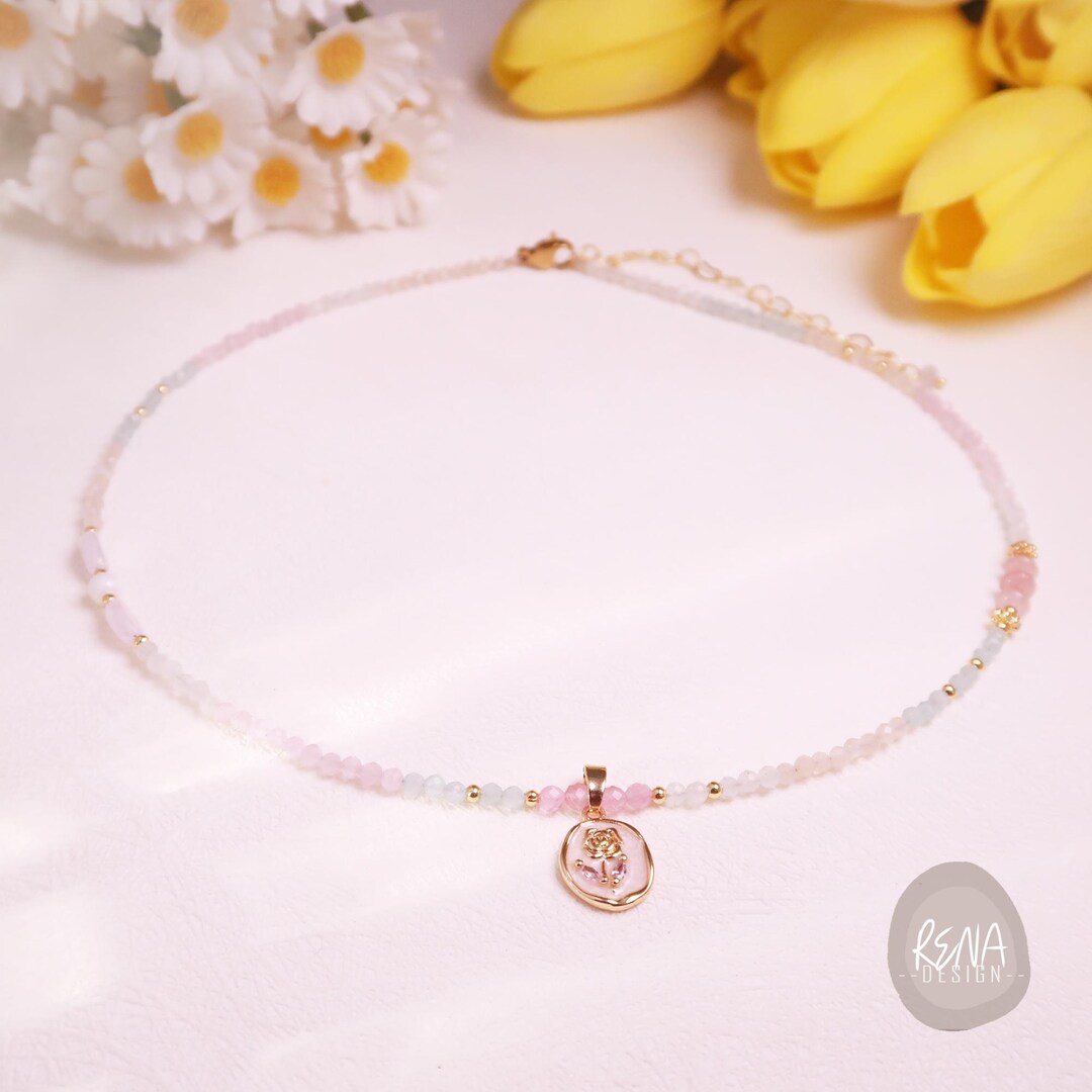 Dainty Pink Rose Quartz Cat's Eye Gemstone Beaded Crystal Minimalist ...