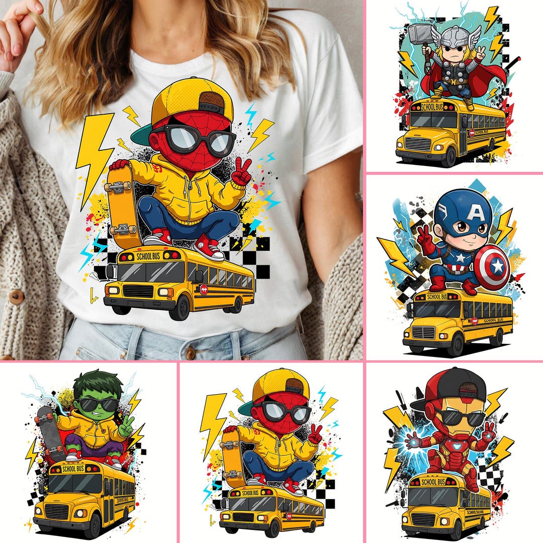 Retro Superhero Back to School Png Bundle, Trendy Cartoon School Kids ...