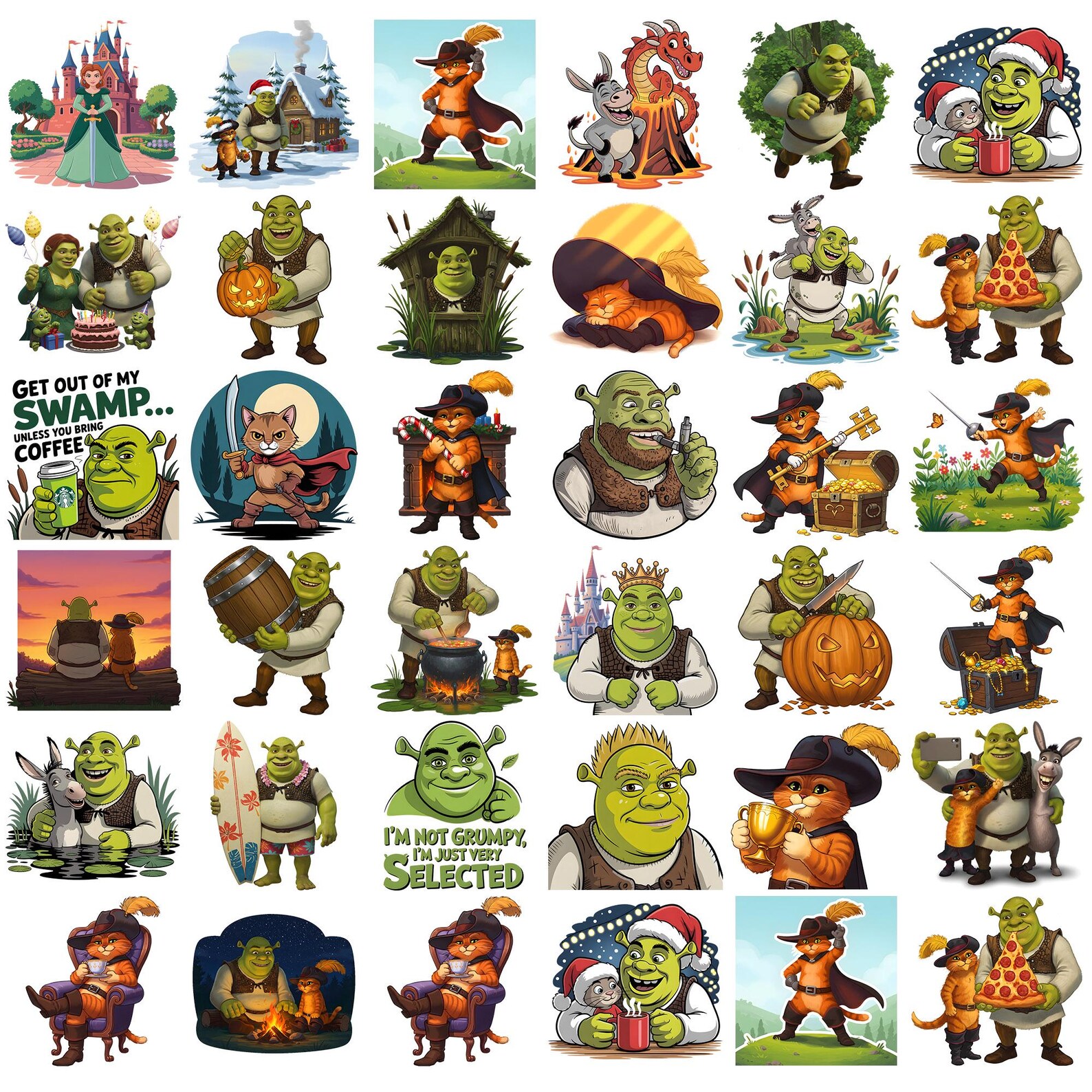 225+ Green Ogre & Adventure Cat Cartoon PNG Bundle – Cute Fairy Tale ...