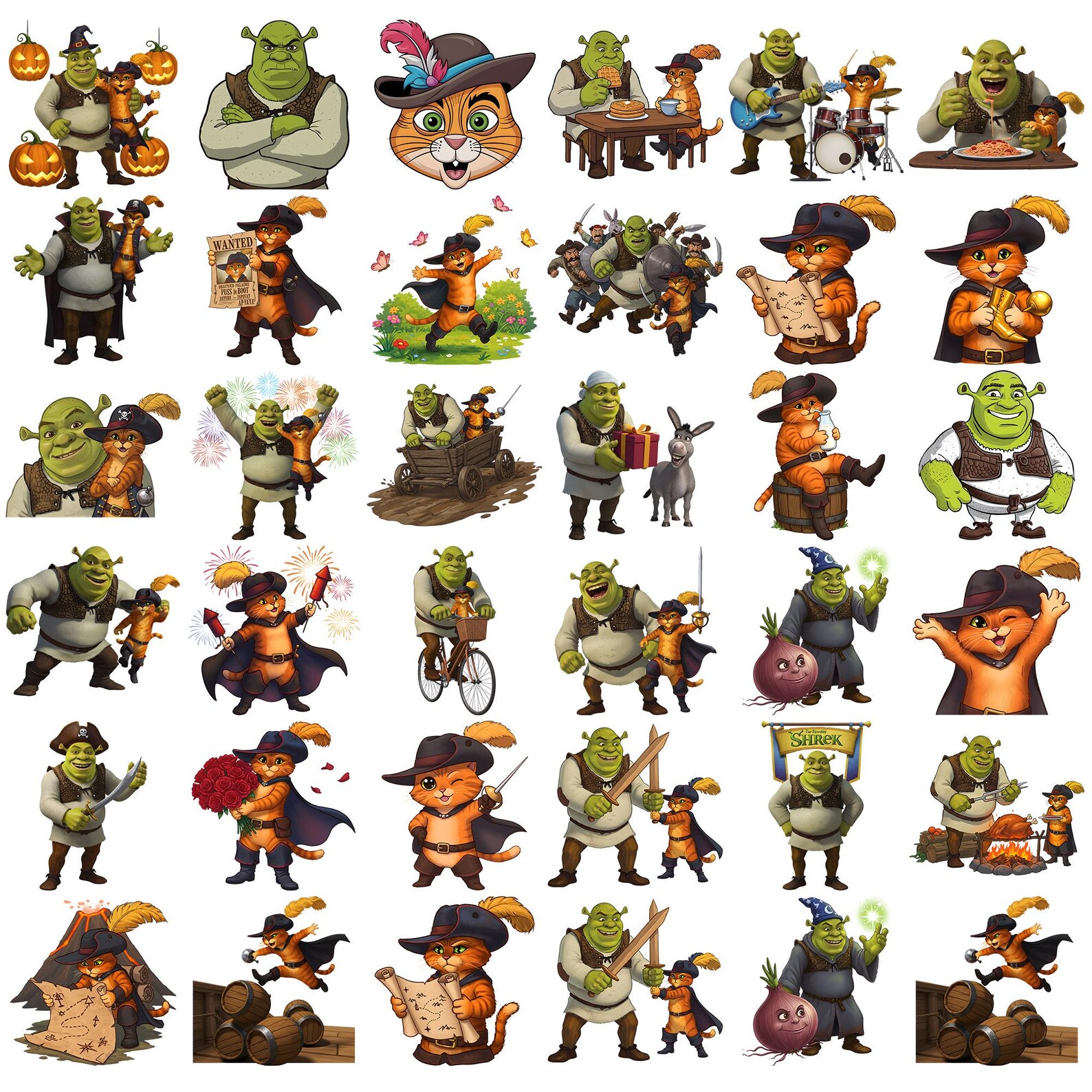 225+ Green Ogre & Adventure Cat Cartoon PNG Bundle – Cute Fairy Tale ...
