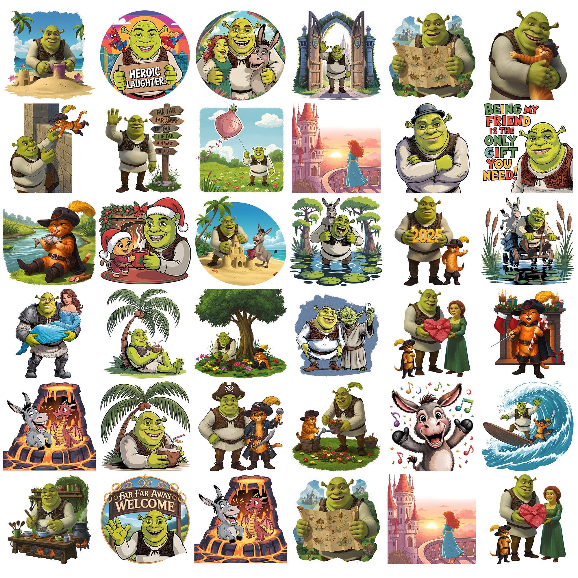 225+ Green Ogre & Adventure Cat Cartoon PNG Bundle – Cute Fairy Tale ...