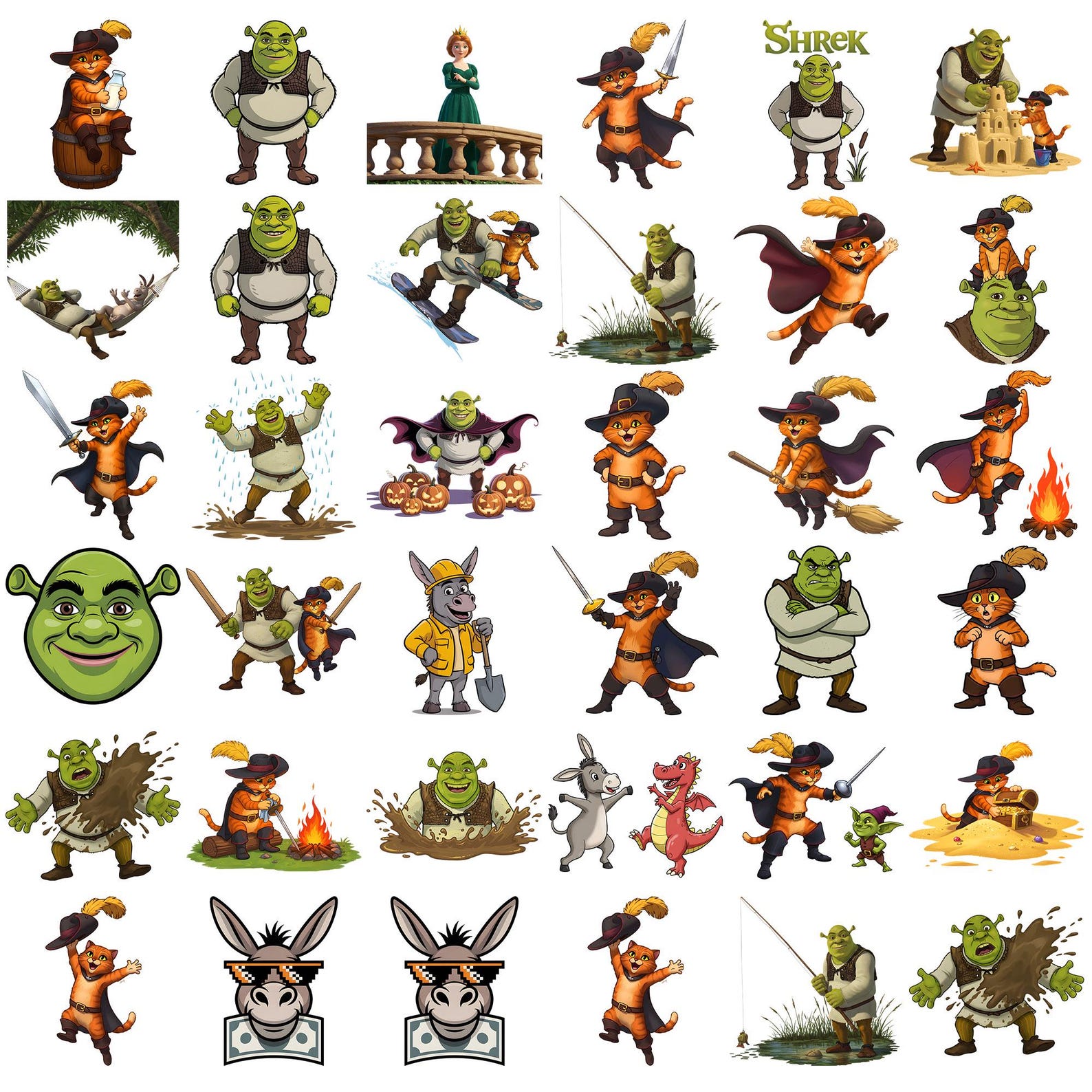 225+ Green Ogre & Adventure Cat Cartoon PNG Bundle – Cute Fairy Tale ...