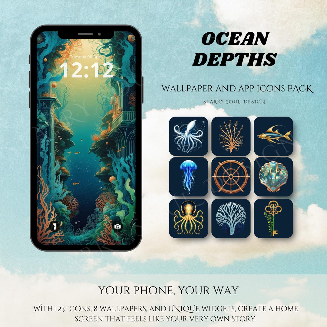 Ocean Depths App Icons Pack - Underwater Art Deco Dark Phone Theme, Sea ...