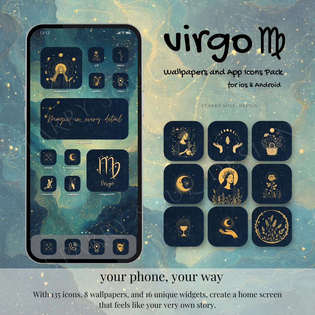 Virgo Zodiac App Icons | Mystical Celestial Gold Line Art Ios Icons ...