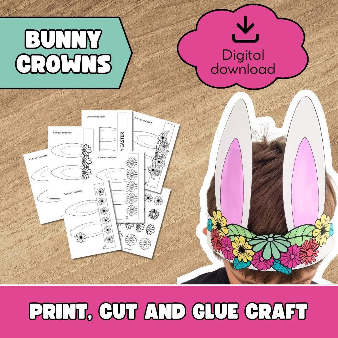 Bunny Paper Crowns Printable, Easter Rabbit Ears, Hat Coloring Craft ...