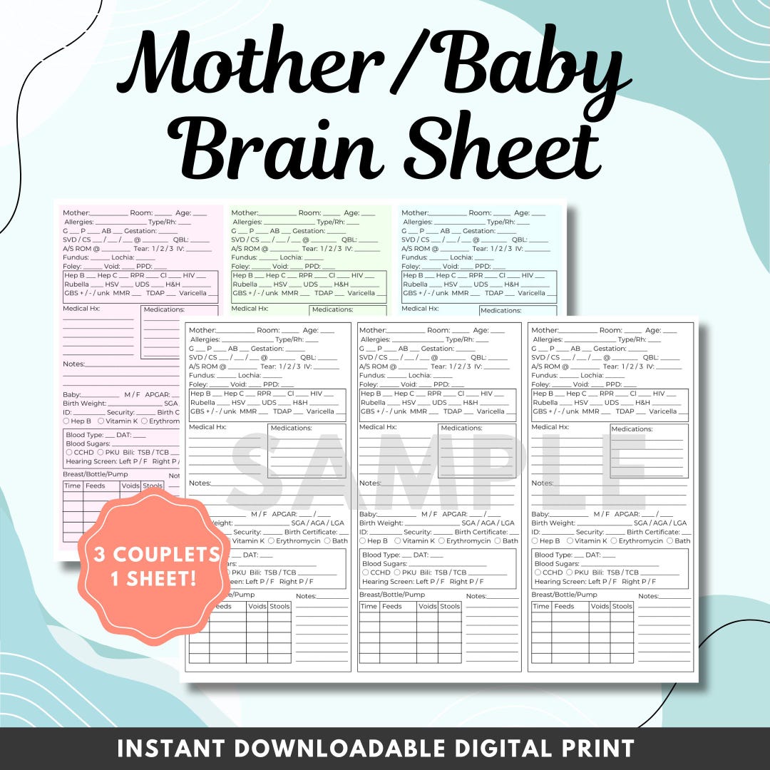 Mother Baby Postpartum OB Couplet Care 3 Couplet Nurse Report Sheet ...