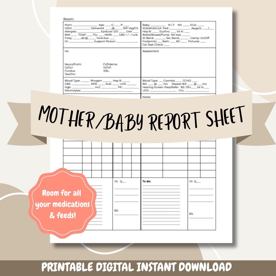 Mother/baby/postpartum/ob Nurse Single Couplet Care Nurse Report Sheet ...