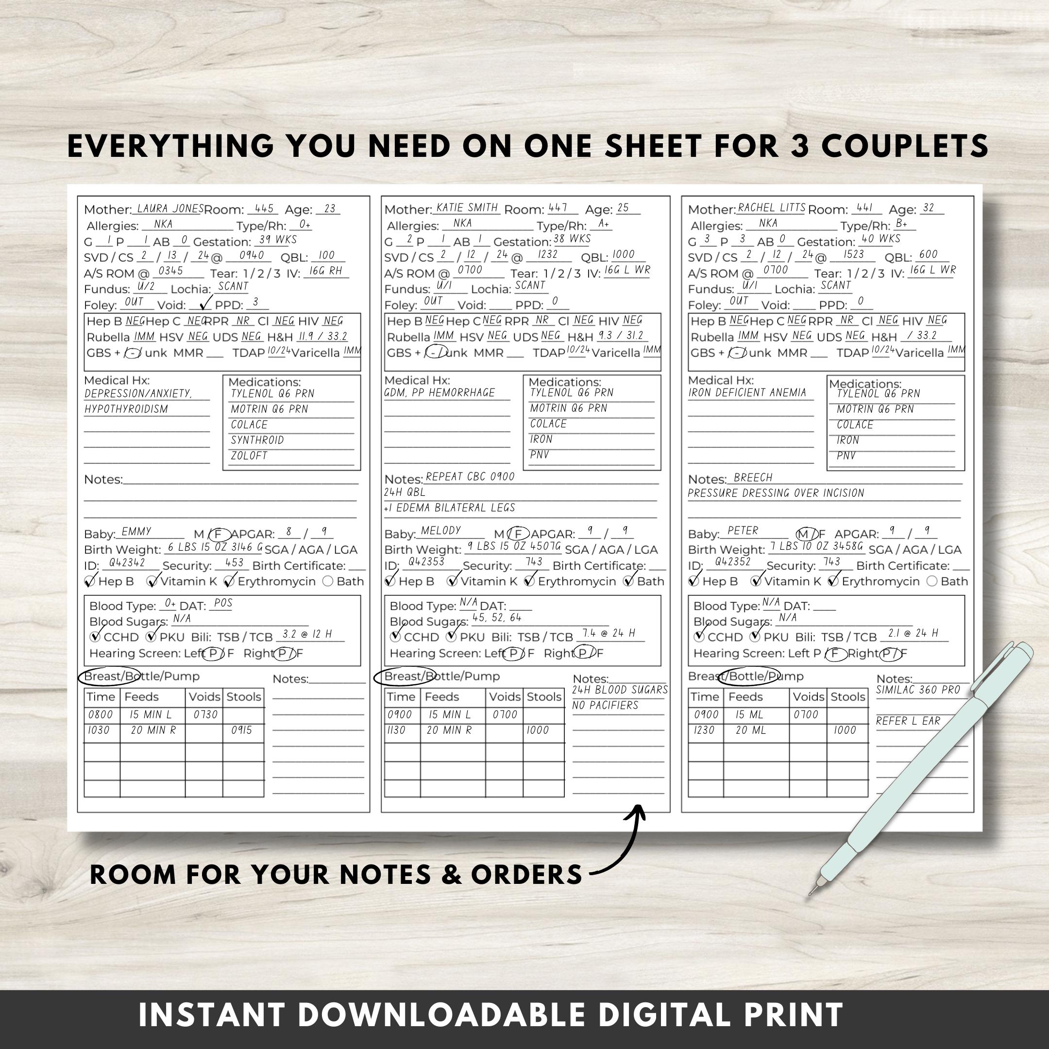 Mother Baby Nurse Report Sheet: Postpartum OB Couplet Care (digital ...