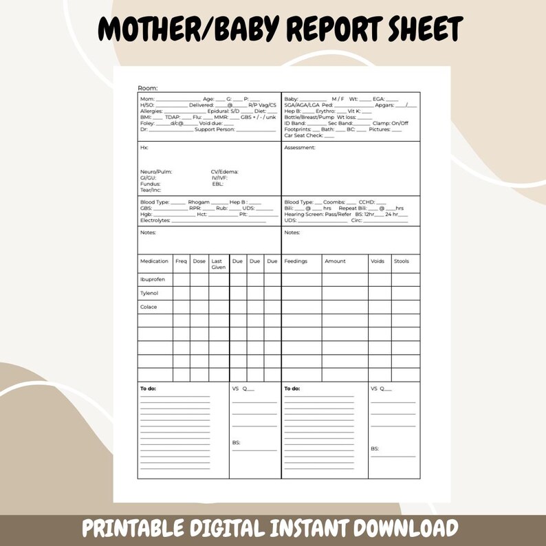 Mother/baby/postpartum/ob Nurse Single Couplet Care Nurse Report Sheet ...