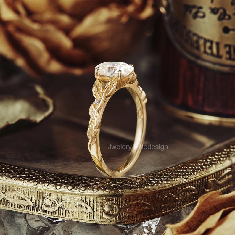 Oval Moissanite Leaf Ring: Art Deco Vine Engagement Ring - Etsy