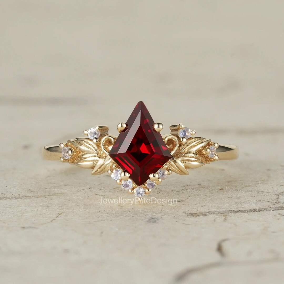 Kite Cut Ruby Engagement Ring: Moonstone Leaf Band, 14k Gold - Etsy