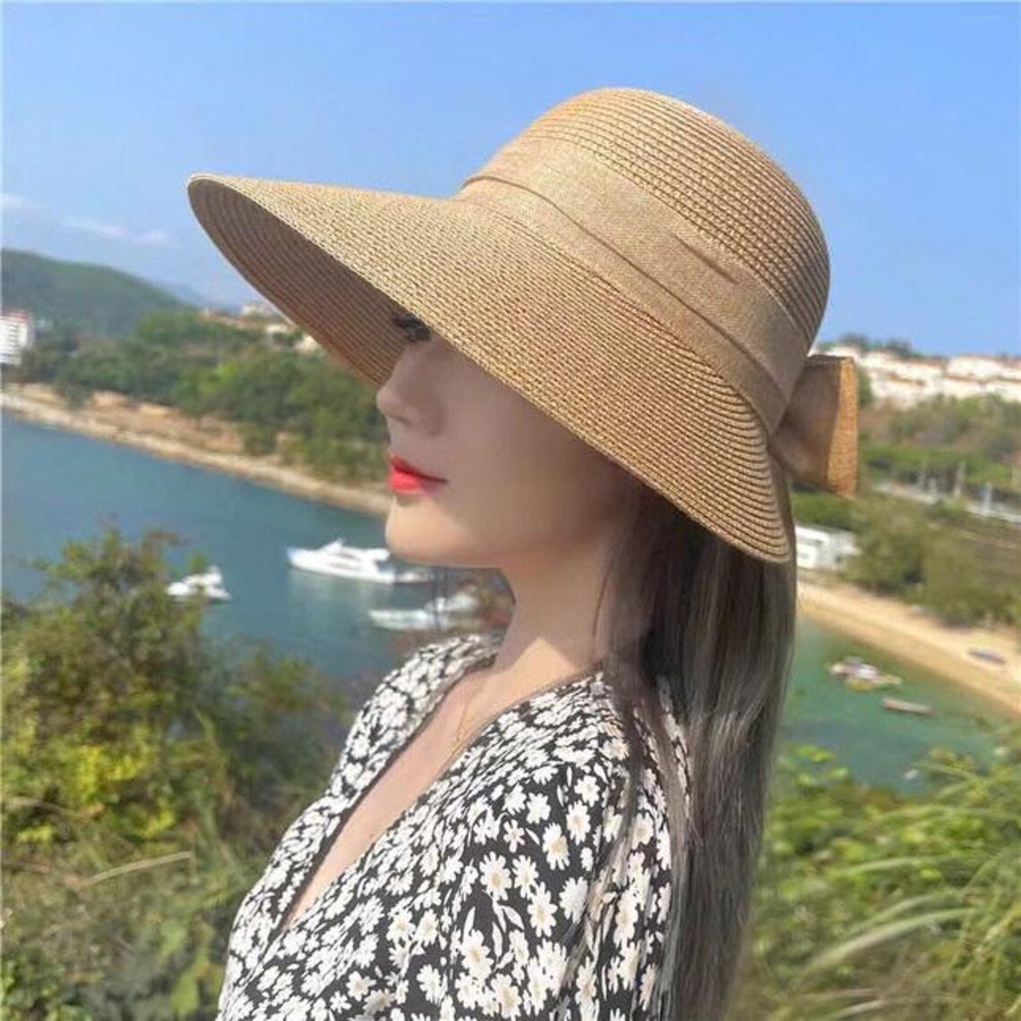 Women's Straw Sun Hat With Bow - Summer Beach Hat, Outdoor Party Hat ...