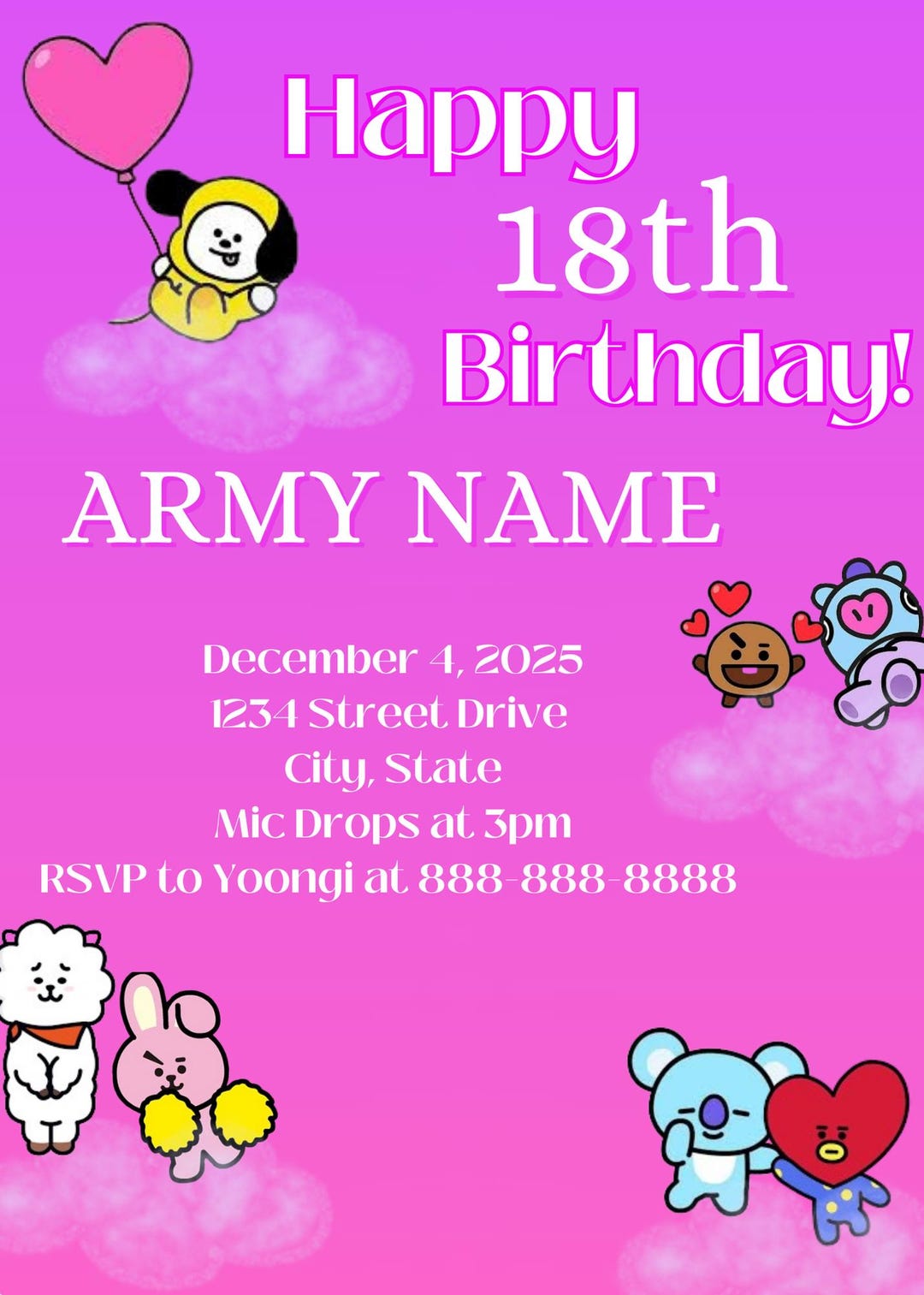BT21 Birthday Invitation Template - Etsy