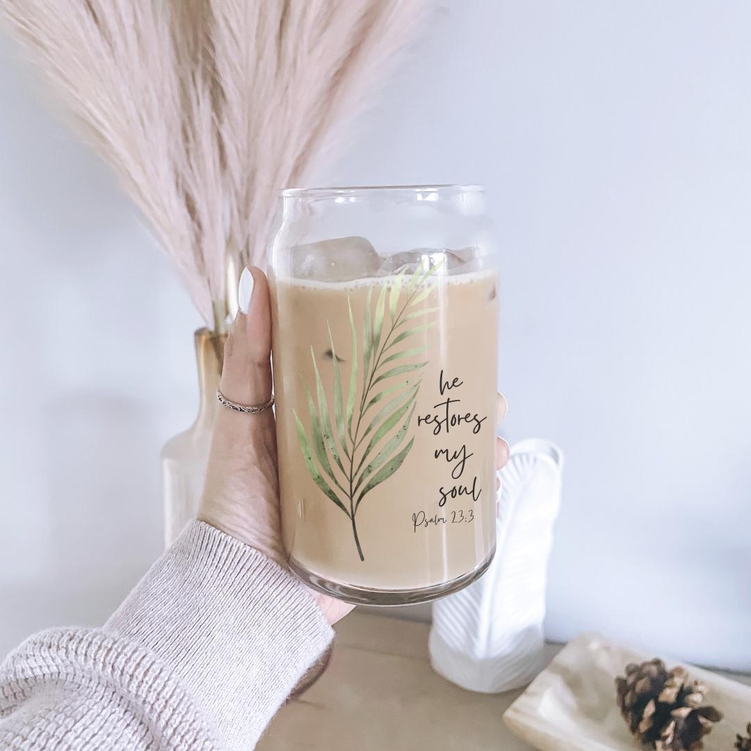 Christian Glass Cup, Psalm 23:3 Iced Coffee Tumbler, He Restores My ...