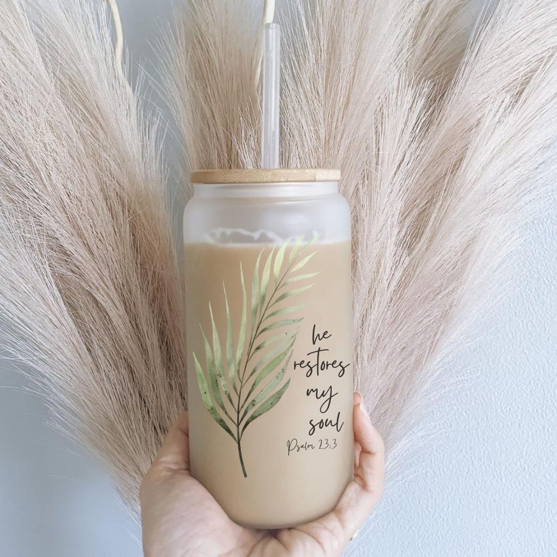 Christian Glass Cup, Psalm 23:3 Iced Coffee Tumbler, He Restores My ...