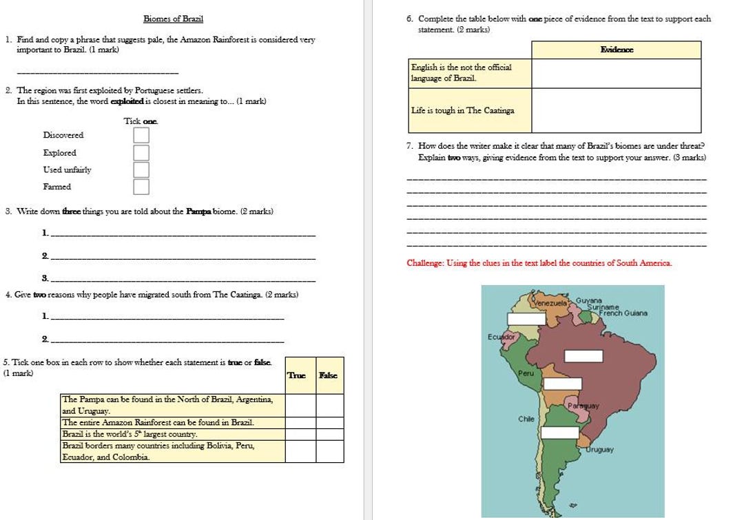 Year 5/6 Reading Comprehension Unit Biomes of Brazil Non-fiction Text ...