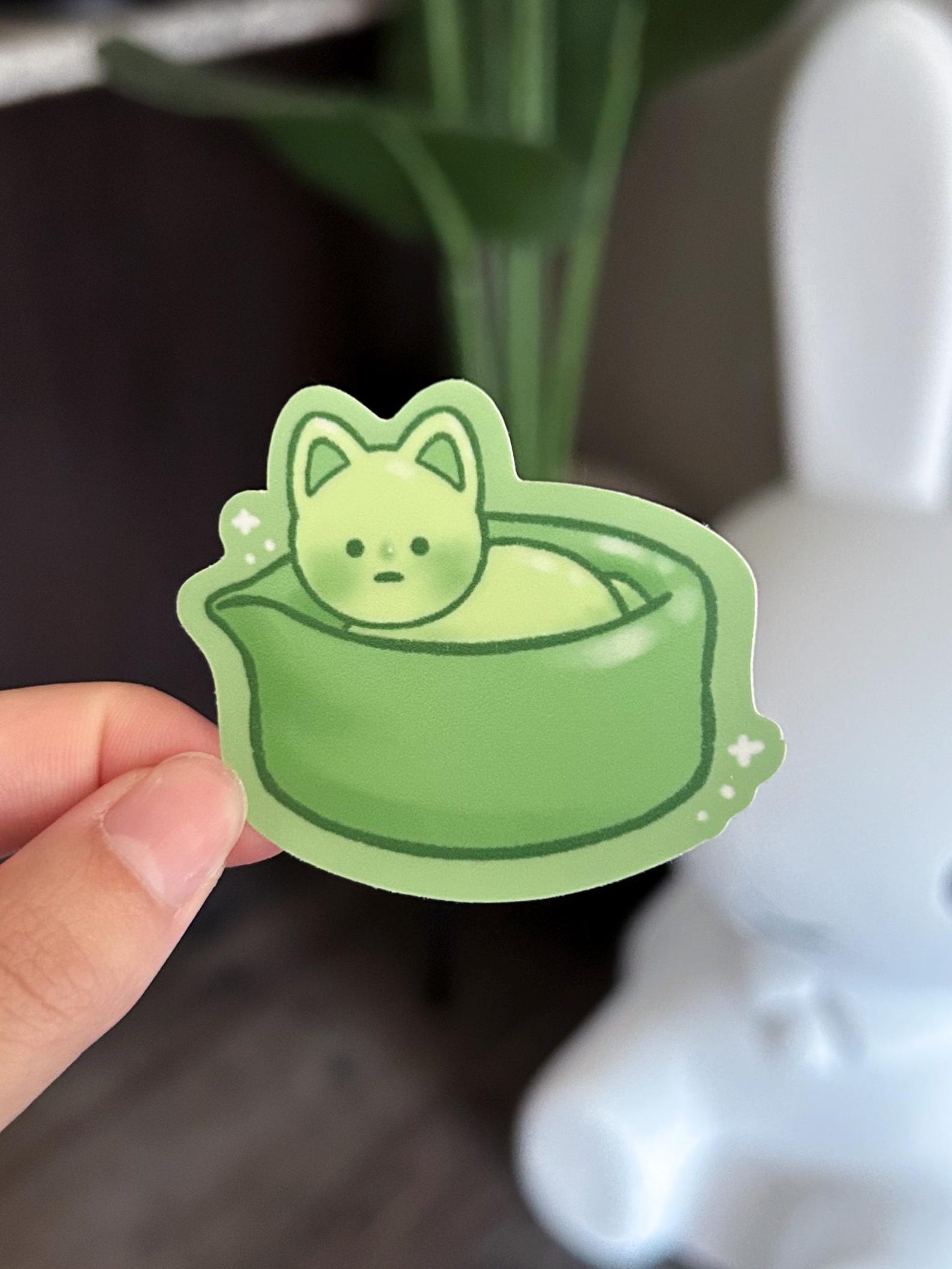 Lil Green Guy Cat Matcha Bowl Sticker, Cute Trinket Blind Box Sticker ...