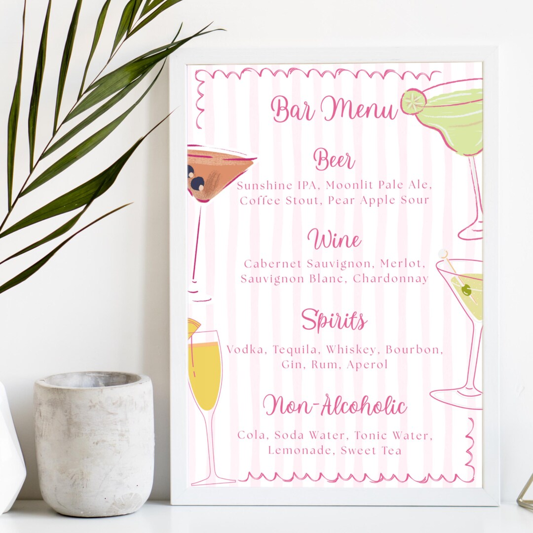 Editable Pink Stripe Bar Menu Sign: Bridal Shower, Wedding (digital ...
