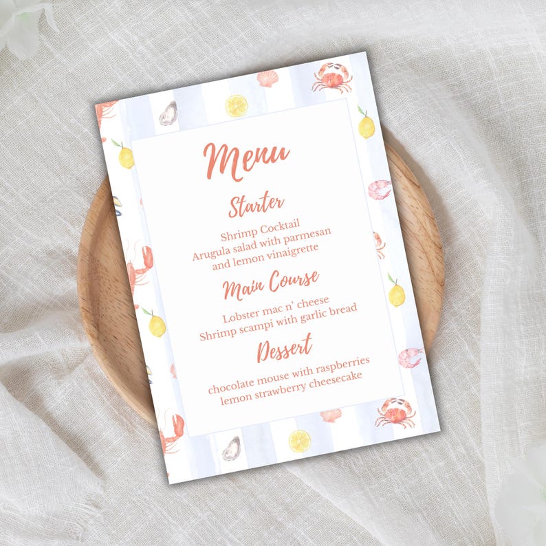 Editable Seafood Summer Dinner Party Customizable Menu Template ...