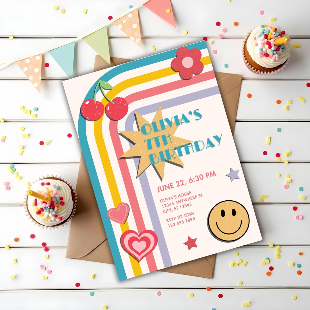 Editable Retro Groovy Smiley Face Teen Tween Birthday Party Invitation ...