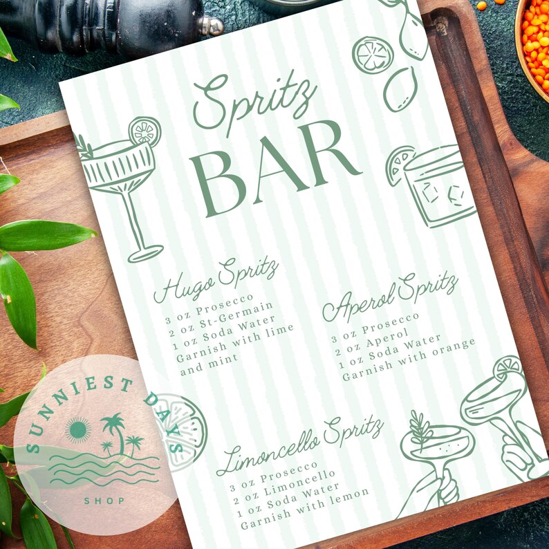 Editable Green Stripe Spritz Bar Sign: Bridal Shower, Wedding, Baby ...