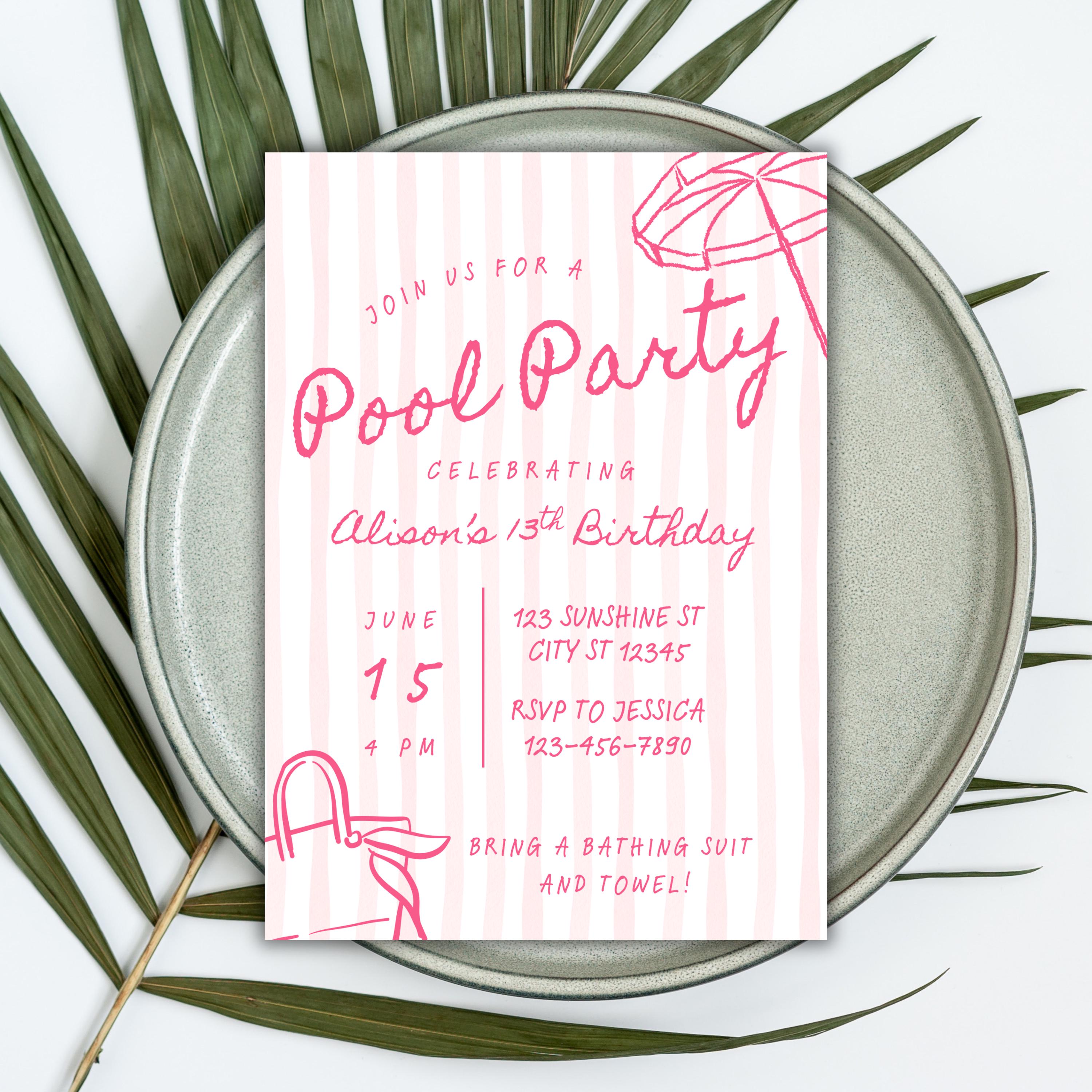 Pink Stripe Pool Party Birthday Invitation: Editable Digital Download ...