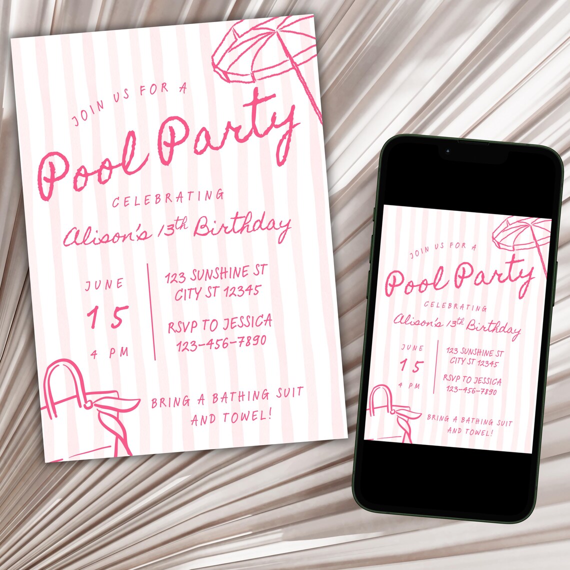 Pink Stripe Pool Party Birthday Invitation: Editable Digital Download ...
