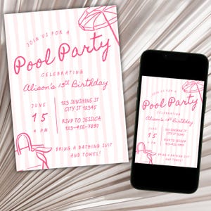 Editable Pink Pool Party Birthday Party Invitation Instant Digital ...
