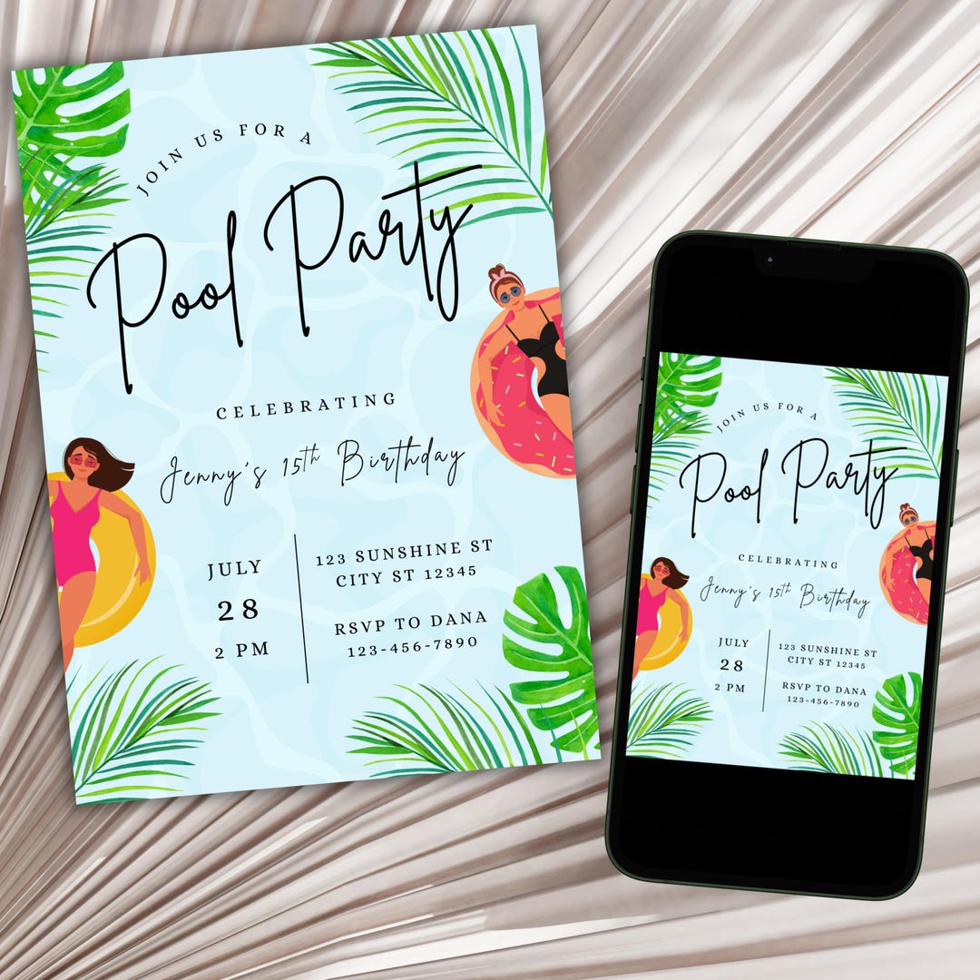 Editable Pool Party Birthday Party Invitation Instant Digital Download ...