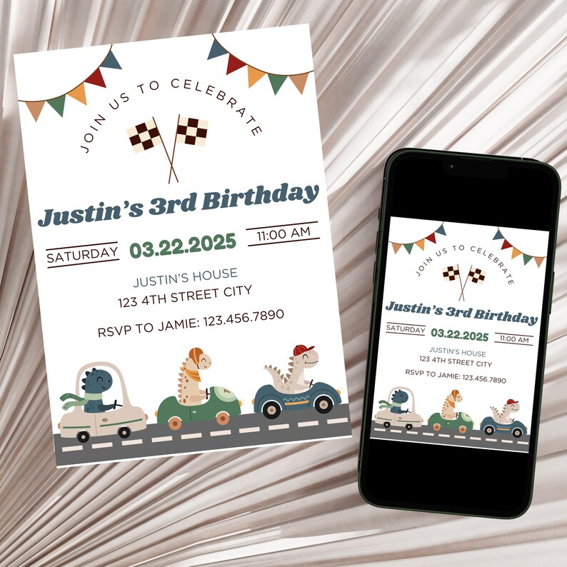 Dinosaur Cars Birthday Invitation: Editable Racecar Dino Party Template ...
