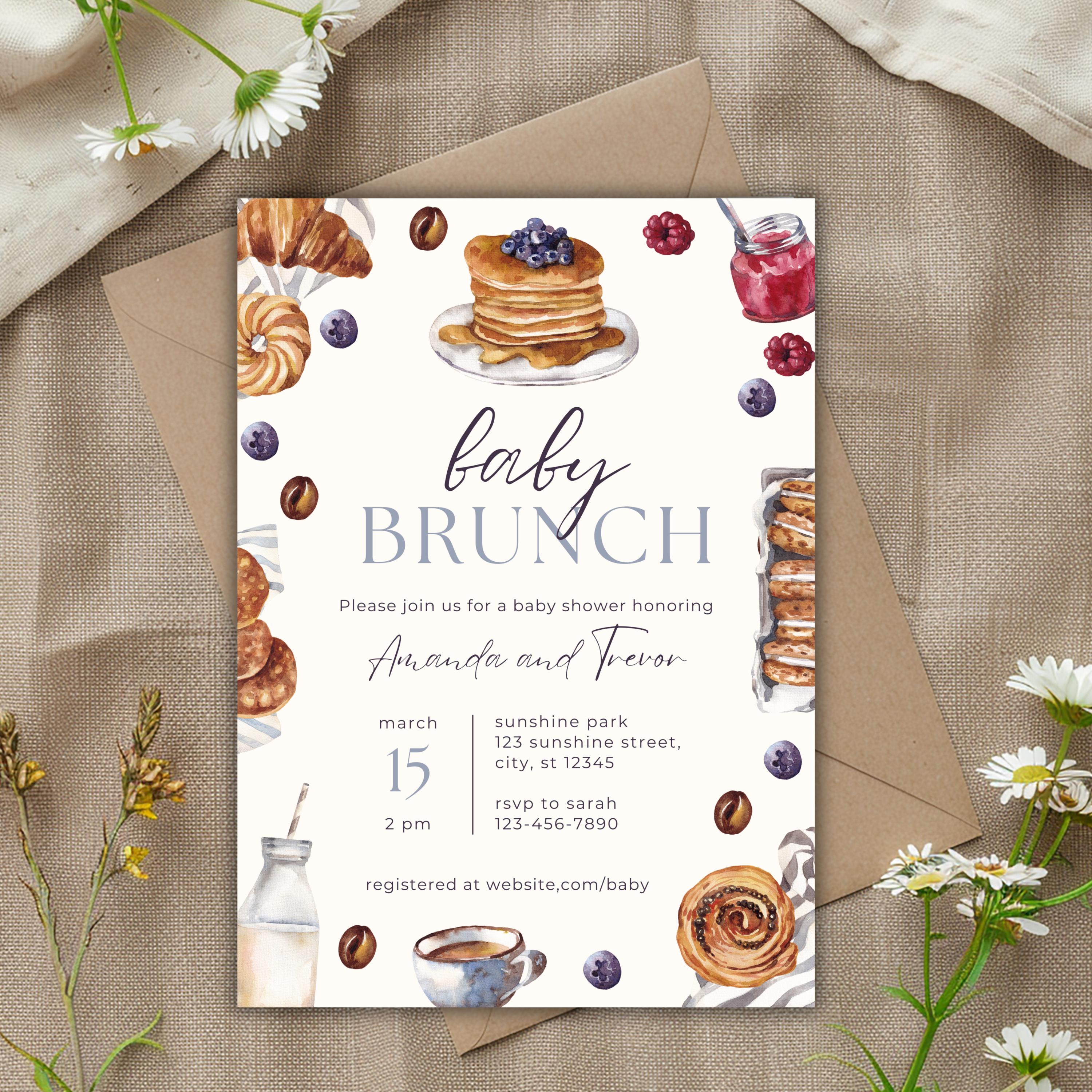 Editable Baby Brunch Shower Invitation: Watercolor Breakfast Pancake ...