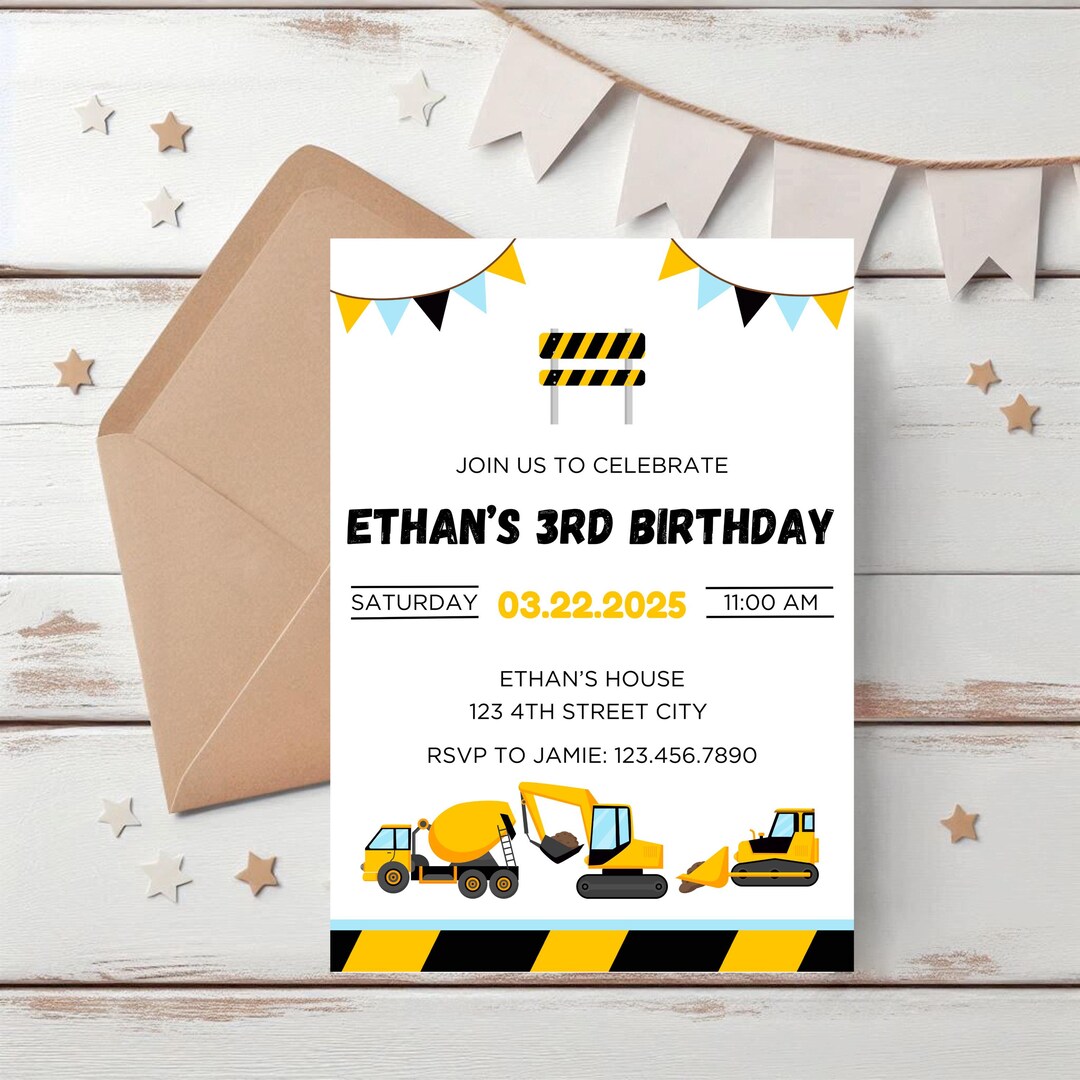 Construction Birthday Invitation: Editable Vehicle Toddler Party ...