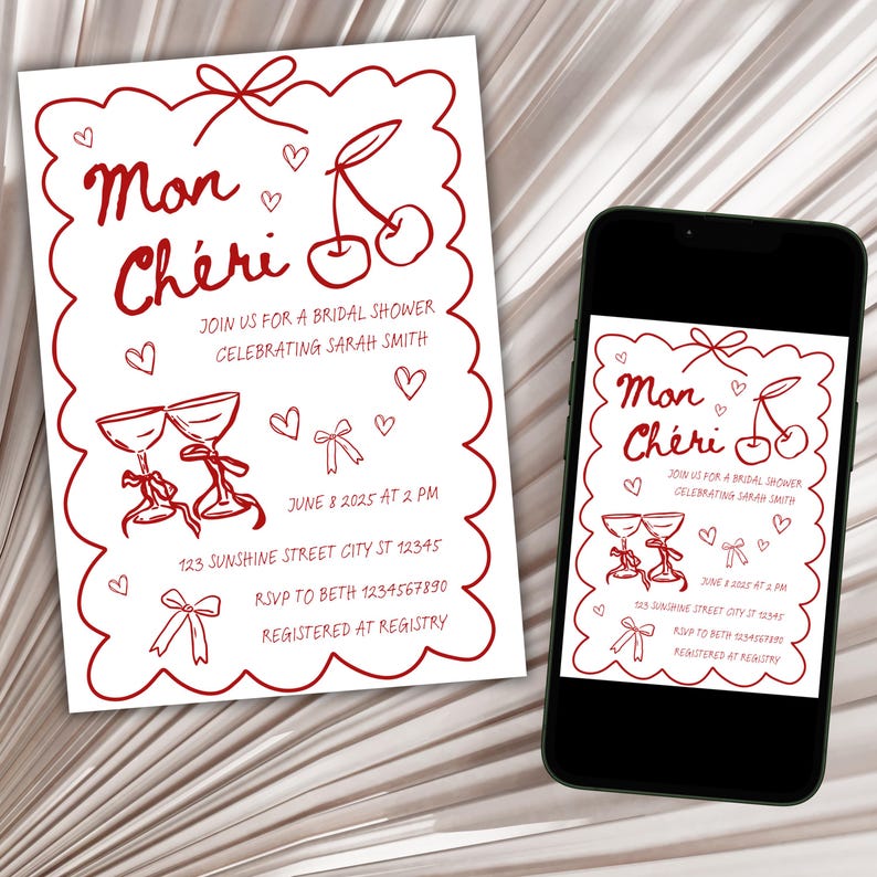 Editable Mon Cheri Cherry Themed Bridal Shower Invitation Instant ...