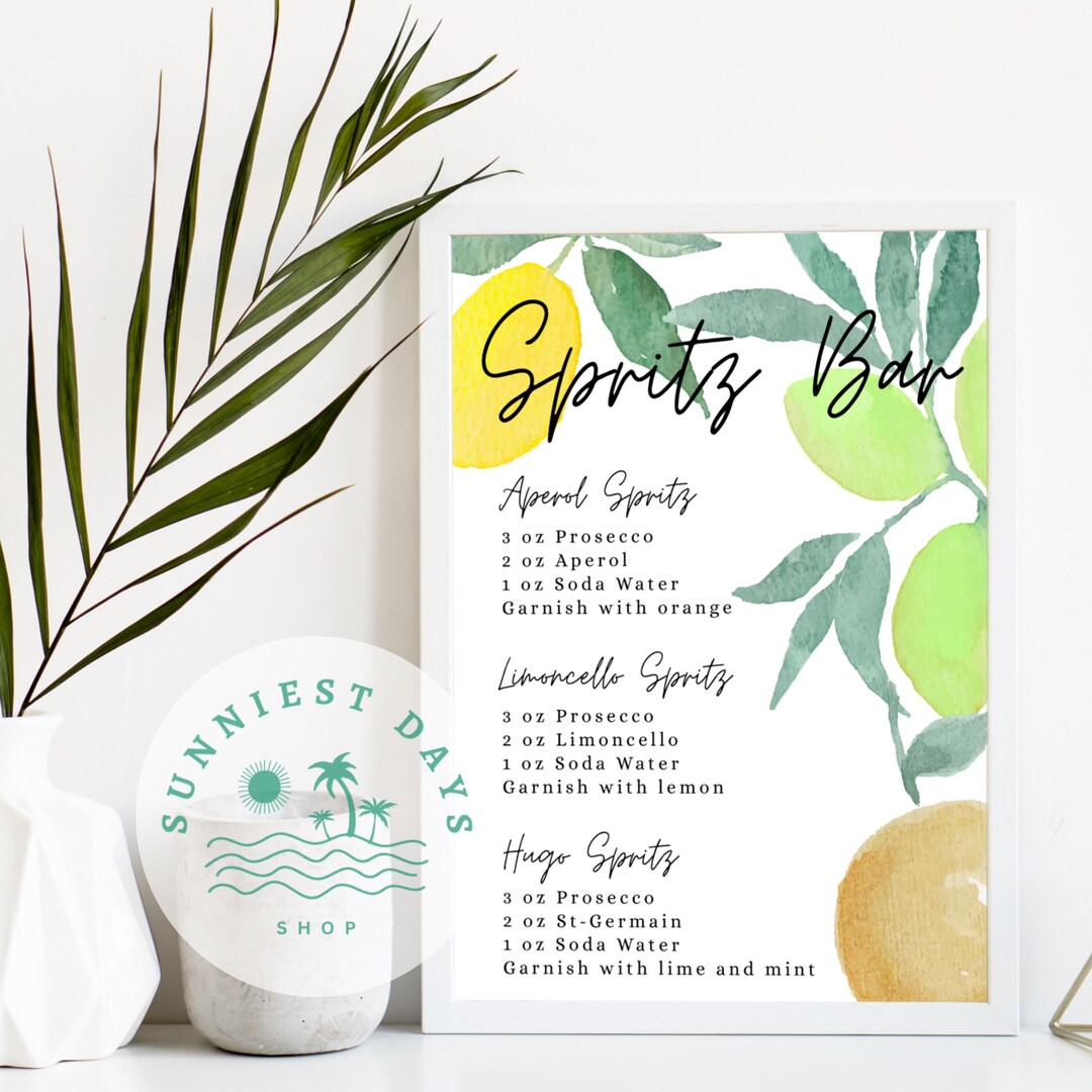 Editable Spritz Bar Cart Bridal Baby Wedding Shower Bar Menu Watercolor ...