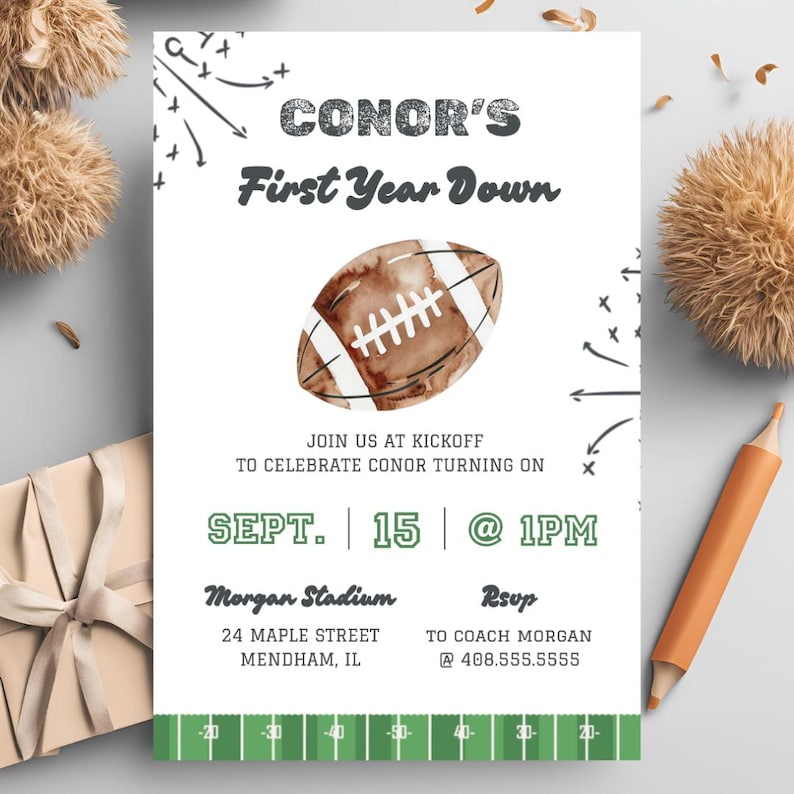 First Year Down Birthday Invite First Down Football 1st Birthday Party ...