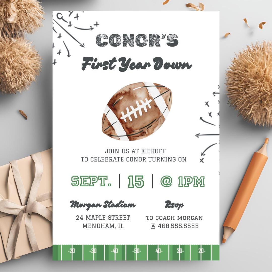First Year Down Birthday Invite First Down Football 1st Birthday Party ...