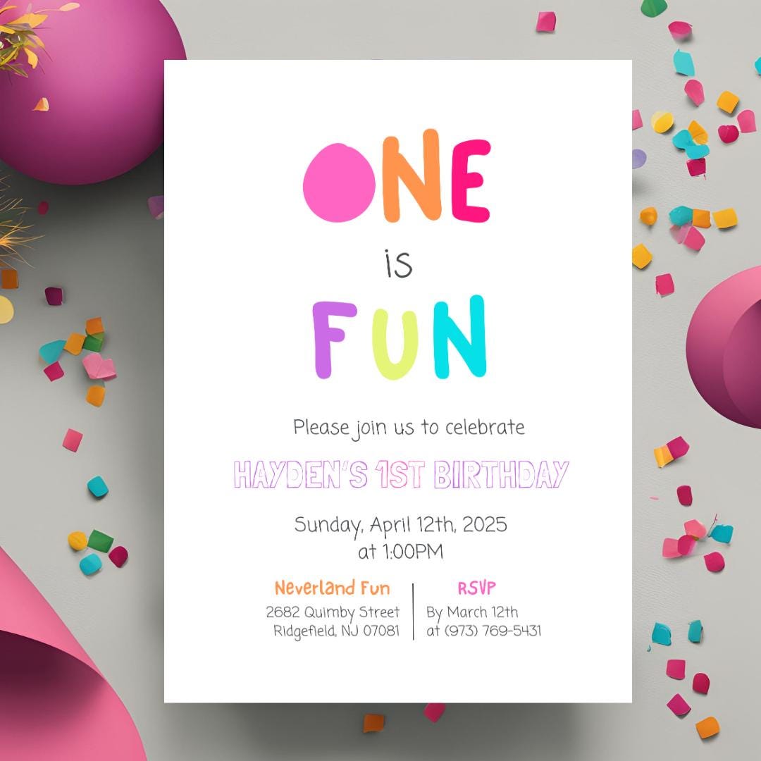 ONE is Fun Girl 1st Birthday Party Invitation Digital Editable ...
