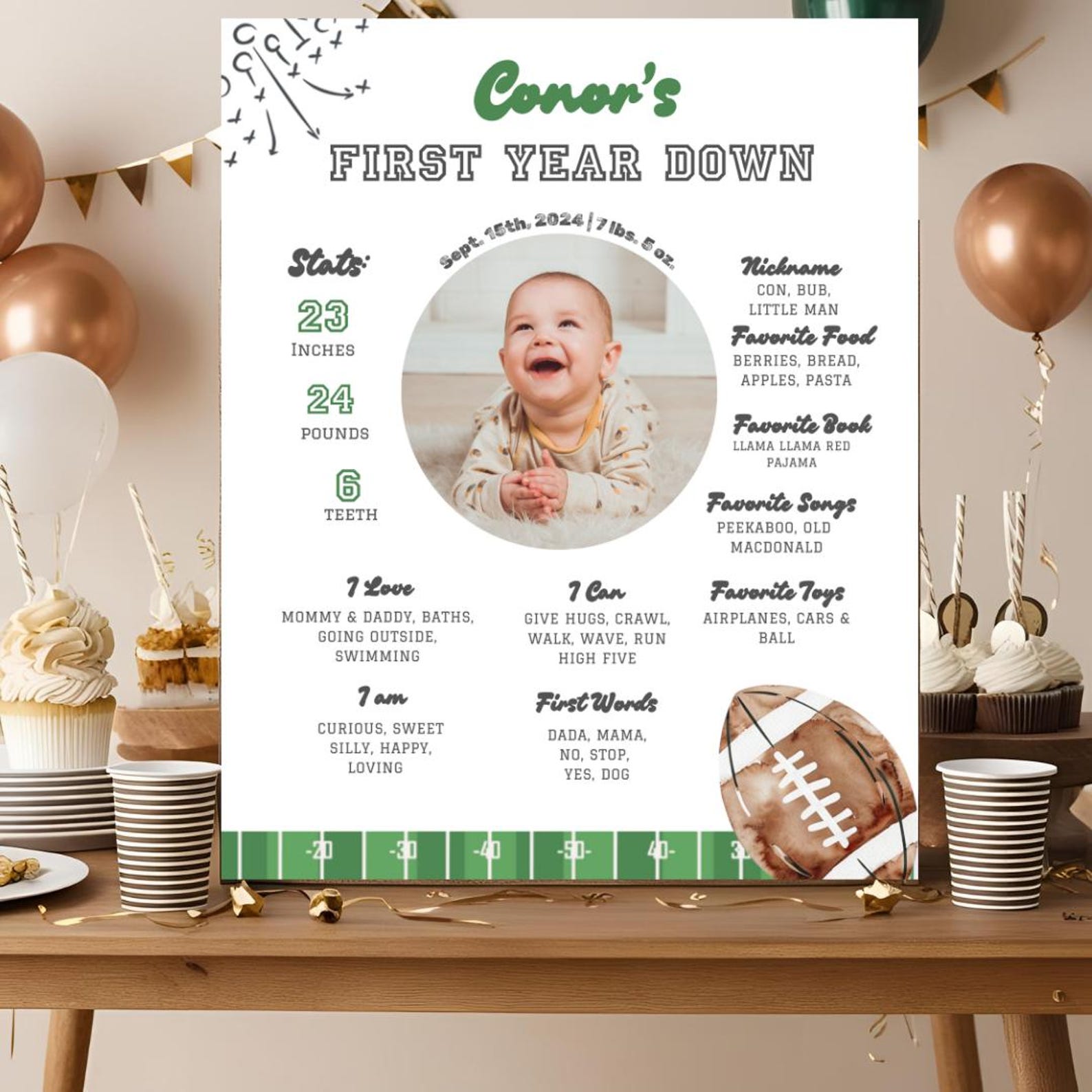 First Year Down Milestone Sign Football 1st Birthday Milestone Poster ...