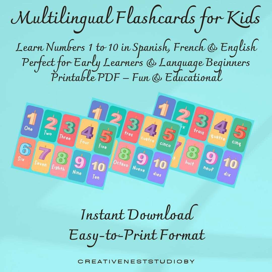 Multilingual Flashcards for Kids Numbers 1 to 10 in Spanish, French ...