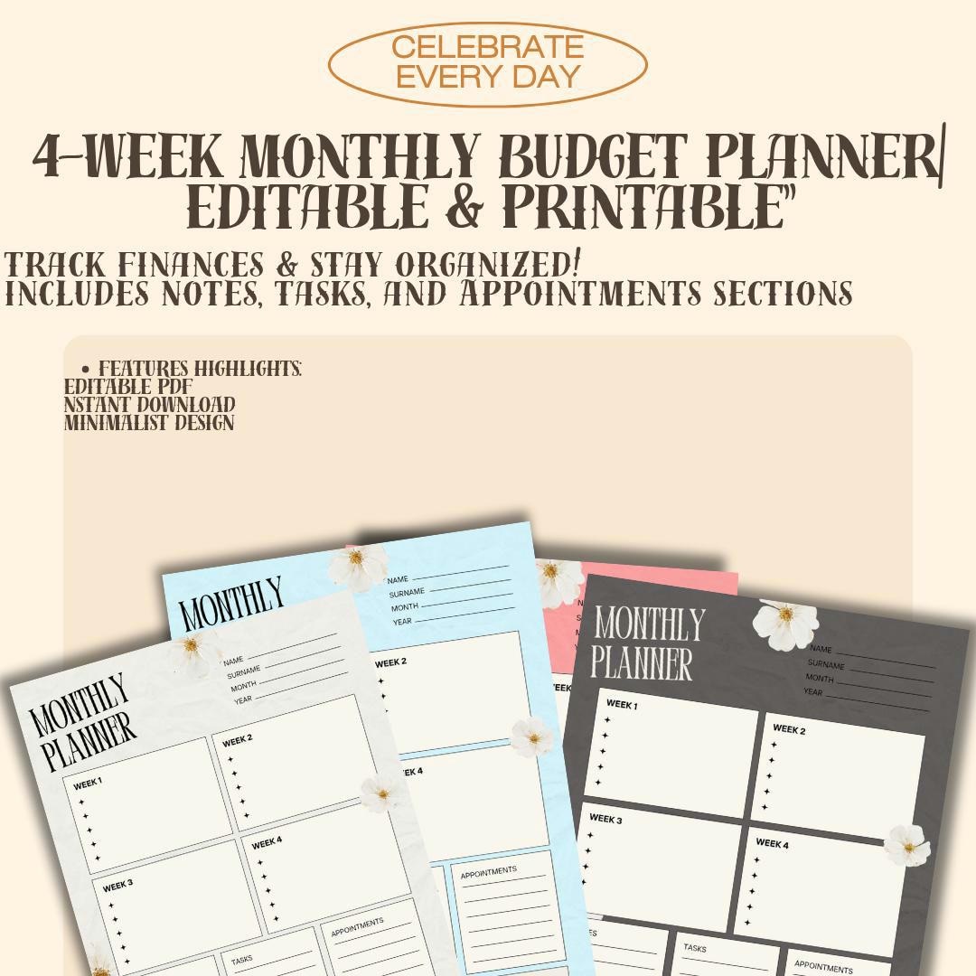 4-week Monthly Budget Planner | Editable PDF | Instant Download - Etsy
